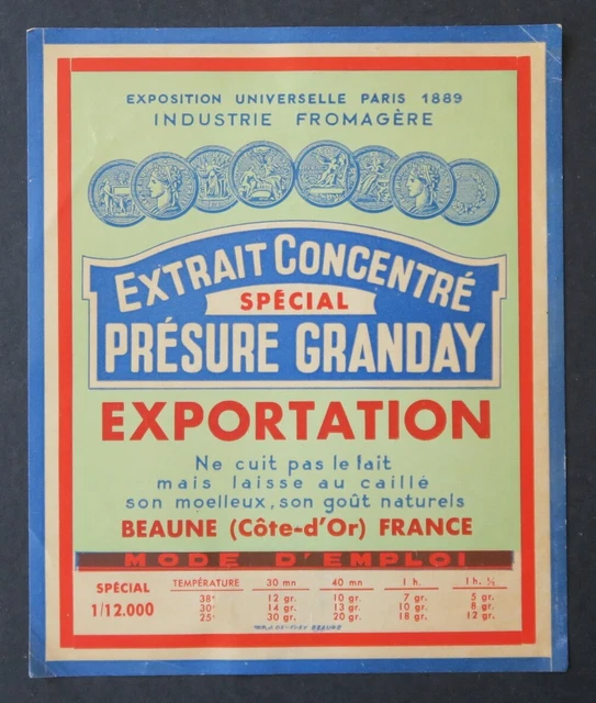 ANCIENNE ÉTIQUETTE EXTRAIT PRESURE GRANDAY Beaune Lait laiterie french ...