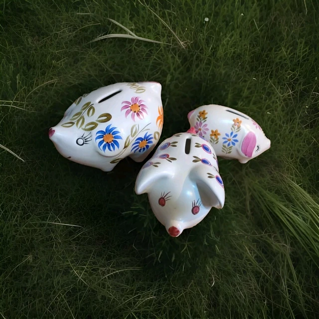 ARTHUR WOOD POTTERY Family 3 1970s Flower Power Pig Piggy Bank Money ...