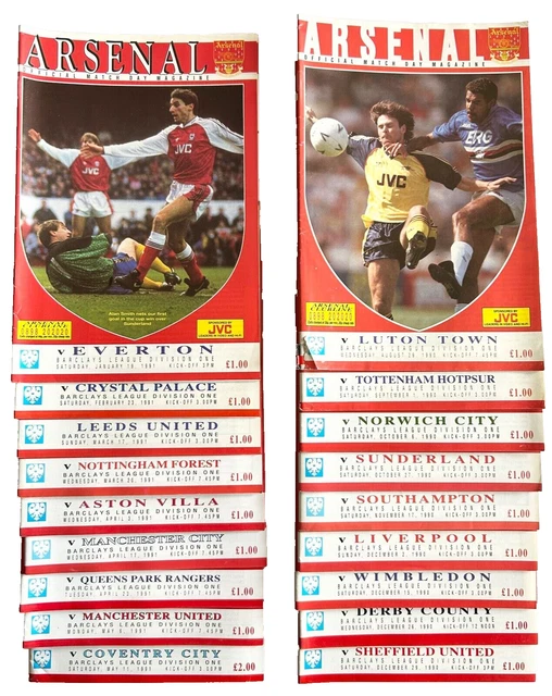 18 X ARSENAL Home Programme from the 1990/91 Season - All Pictured and ...