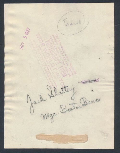1927 JACK SLATTERY, Obscure 31 Game Manager of the Boston Braves photo ...