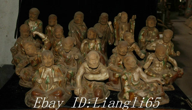 ALTE TANG SANCAI Keramik 18 Arhat Achtzehn Arhats Drache Lohan Gott Set ...