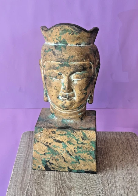 VINTAGE CAST IRON Buddhist Head Sculpture on Plinth - Verdigris Patina ...