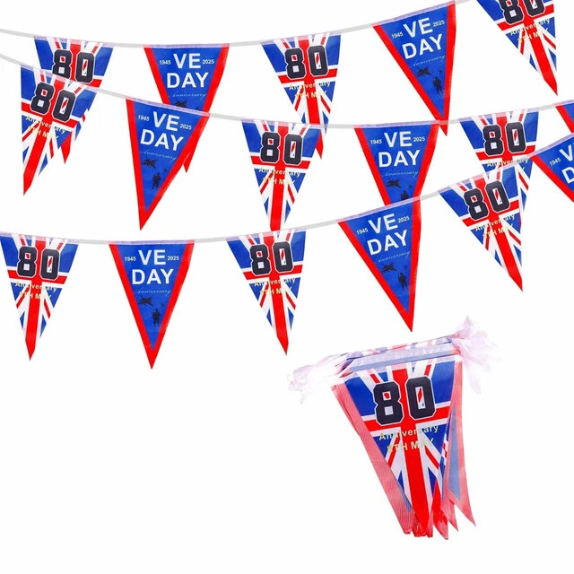 VE DAY 80TH Anniversary Bunting Decorations 10m 30 Flags, VE Day 80th ...