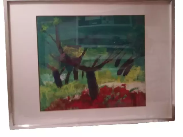 ORIGINAL GEMÄLDE AQUARELL Bäume auf Blumenwiese Kunst Bild Kunstwerk Malerei EUR 10,00 - PicClick DE