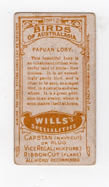 WILLS BIRDS OF Australasia 1912 (yellow back) #12 Papuan Lory $4.99 ...
