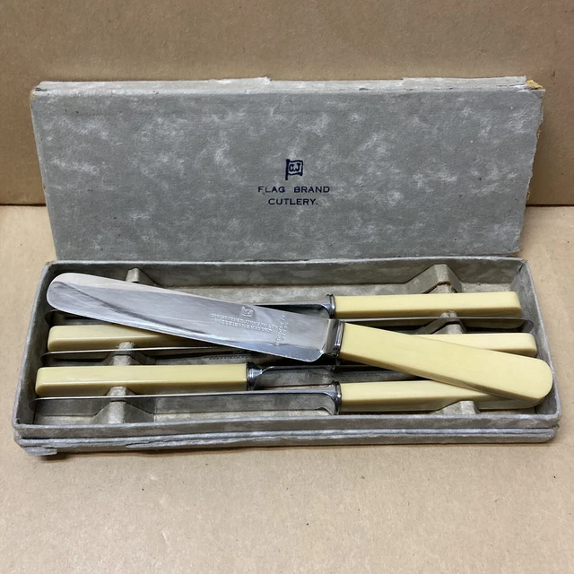 VINTAGE BOXED SET Faux Bone Handle Christopher Johnson Knives Round Tip ...