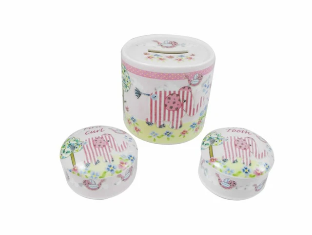 BIRD & ELLIE Baby Girl Pink Money Bank Bankie & First Tooth & Curl Box ...