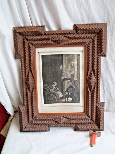 RARE TRAMP ART GRAND CADRE MURAL BOIS VINTAGE XIXe DECO wall frame wood ...