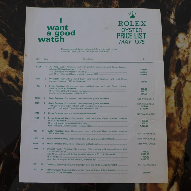 ORIGINAL VINTAGE 1975 Rolex Price List Catalogue Featuring All Models ...