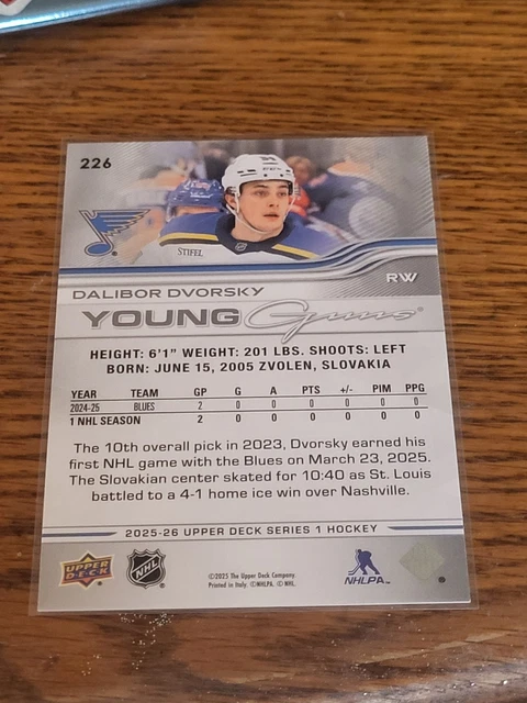 2025-26 UD SERIES 1 Dalibor Dvorsky Young Guns St Louis Blues $4.25 ...