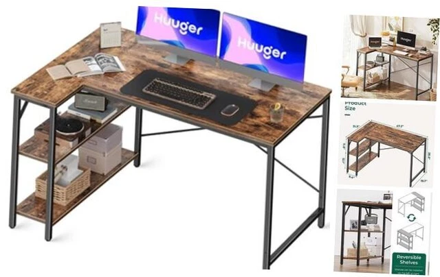L SHAPED COMPUTER Desk with Reversible Storage Shelves, 47 inch Rustic ...