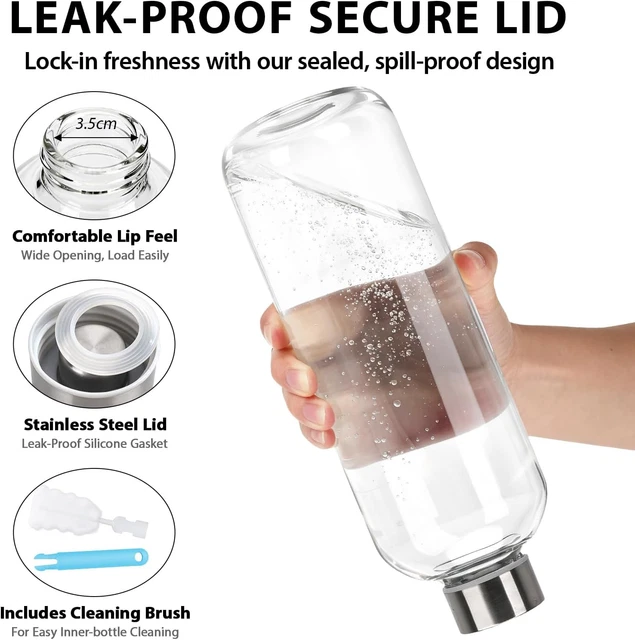 1L HIGH BOROSILICATE Glass Water Bottle with Stainless Steel Leak-Proof ...