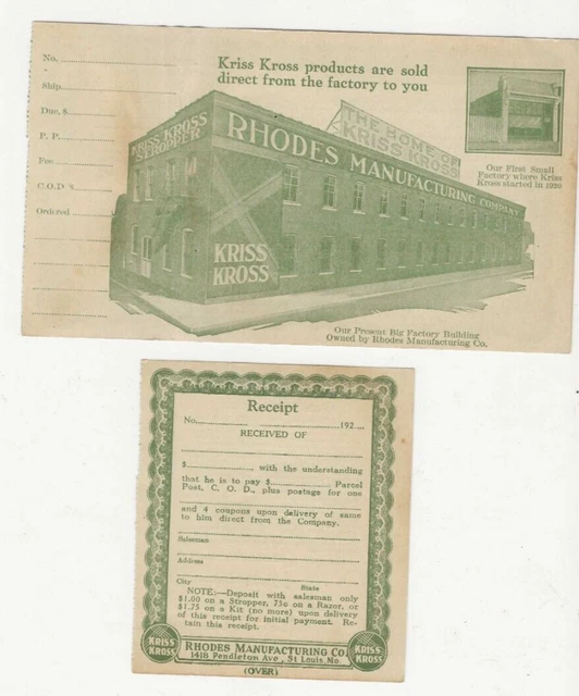 RHODES MFG. CO-ST. Louis, MO-KRISS KROSS Stropper/Razor-Antique Coupon ...
