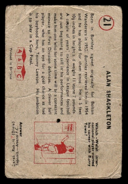 1958-59 A&BC FOOTBALLERS Soccer Planet Ltd. Avant #21 Alan Shackleton ...