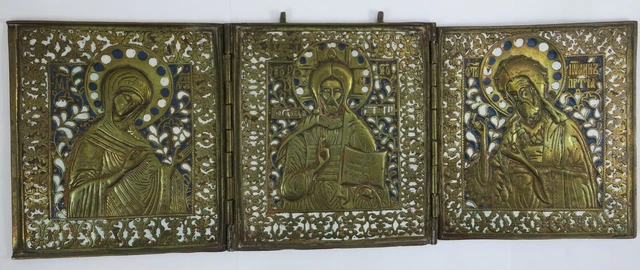 RUSSLAND BRONZE EMAILLE Reiseikone Ikone Triptychon 19. Jh. ~1800 Deesis Fürbitte EUR 490,00 ...