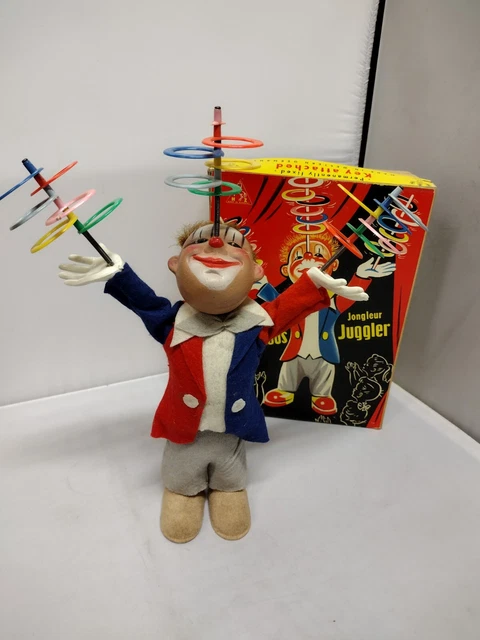 VINTAGE WEST GERMAN Famous Juggler Juggling Clown Wind Up w Rings and ...
