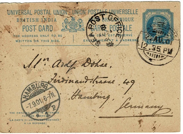 INDIA! 1901! POSTAL Stationery Reply Postcard HG 14 Used Postal ...