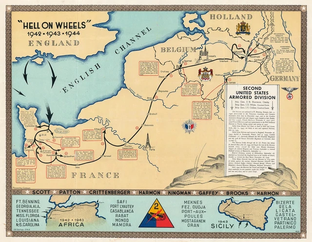 HELL ON WHEELS WWII Route Map of the 2nd Armored Division 11x14 Print ...