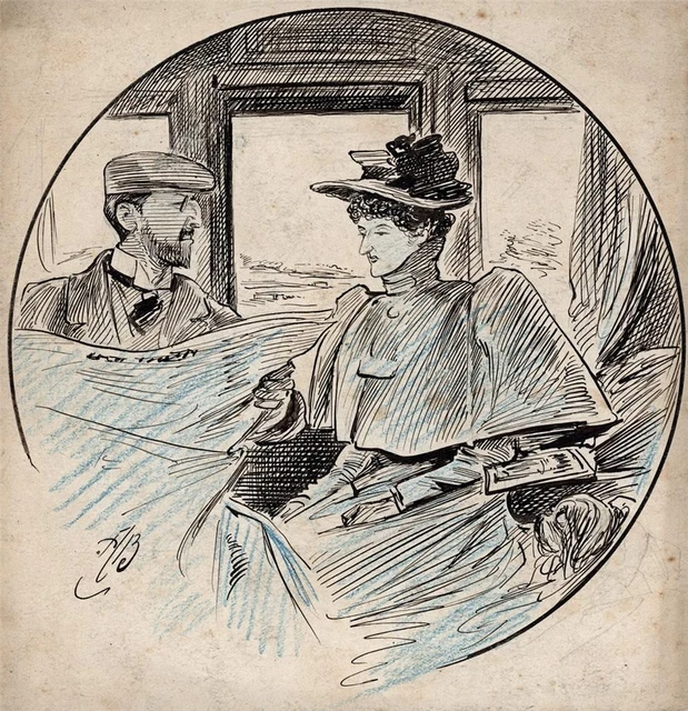 ALFRED BRYAN (1852-1899) Small Pen & Ink Drawing FEMALE WITH GENTLEMAN ...