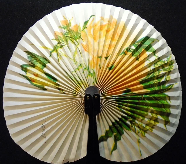 VINTAGE ASIAN ORIENTAL Folding Hand Fan Bird Floral Chinese Decorative ...
