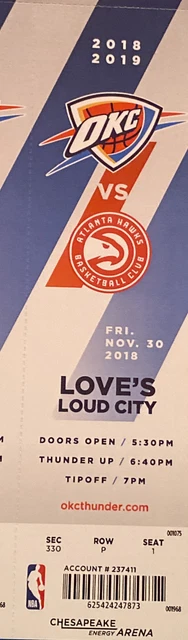 HAWKS @ OKC Thunder 2018 Ticket Stub Trae Young 1er match NBA en ...