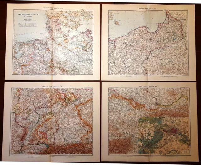 ANTIQUE GEOGRAPHIC MAP GERMANY in 4 SHEETS before WORLD WAR 1 1905 £81. ...
