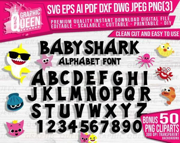 BABY SHARK FONT SVG plus 50 PNG Characters Clipart Shark digital ...
