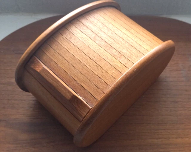 VINTAGE MCM KALMAR Teak Wood Roll Top Desk tambor File Card Rolodex Box ...