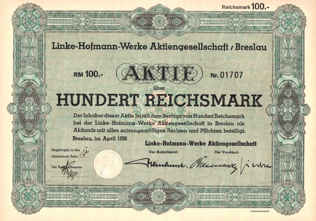 LINKE-HOFMANN-WERKE AG BRESLAU - Waggon-Lokomotivbau -1936 - Aktie 100 ...