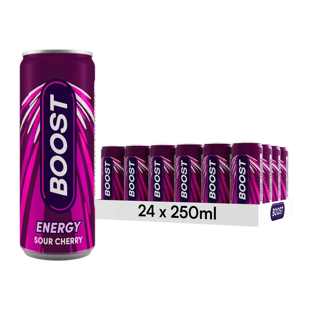 24 X BOOST Sour Cherry 250ml Cans Fitness Energy Drink Red Bull FREE ...