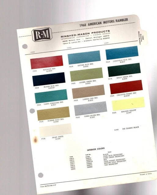 1968 AMC RAMBLER Color Chip Paint Sample Brochure/Chart: REBEL,MARLIN ...