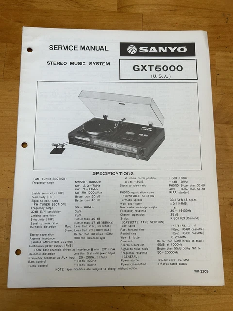 SANYO GXT5000 STEREO Music System Turntable Service Manual Vintage OEM ...
