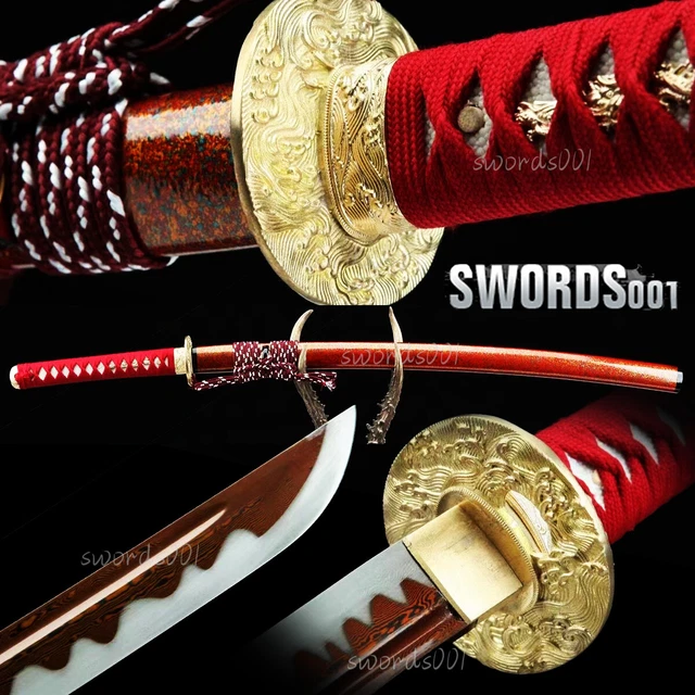 FOLDED STEEL BLADE Japanese Samurai Katana Sword red ito saya brass ...