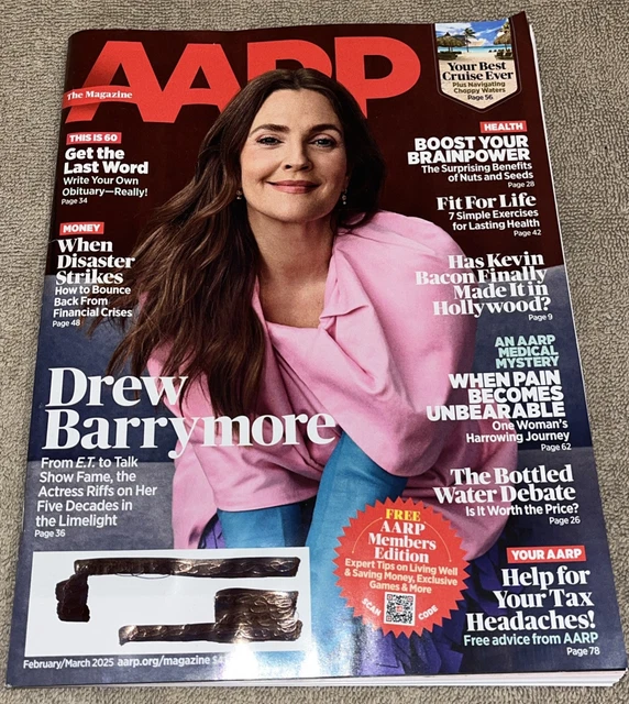 AARP MAGAZINE FEBRUARY March 2025 Drew Barrymore Kevin Bacon $4.31 ...