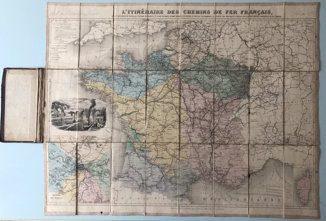 RARE CARTE ENTOILEE L’itineraire des chemins de Fer Français ...