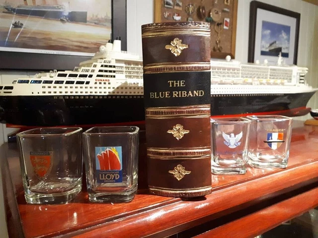 20% OFF THE Blue Riband set of 4 glasses with case France Normandie etc ...