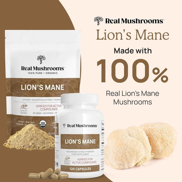 ORGANIC REAL MUSHROOMS Lion's Mane Active Compounds GMO Gluten Free 120 ...