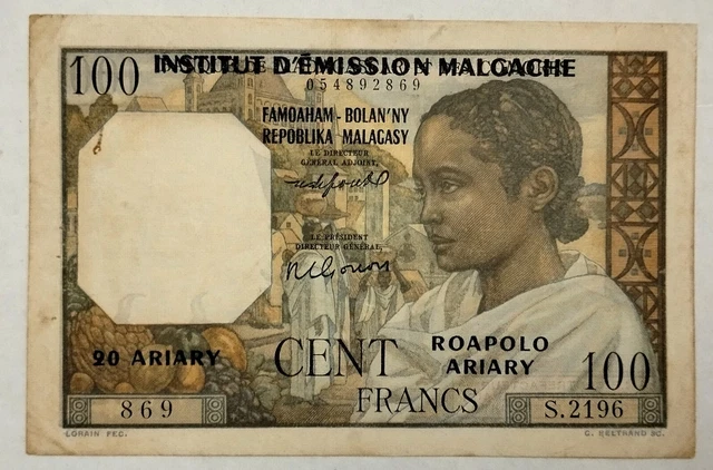BANQUE MADAGASCAR ET Comores - 100 Francs Surchargé MADAGASCAR - P. 52 ...