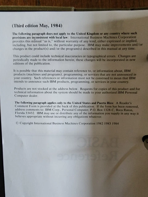 IBM 3.0 BASIC Personal Computer Hardware Reference Library 6361132 1984 ...