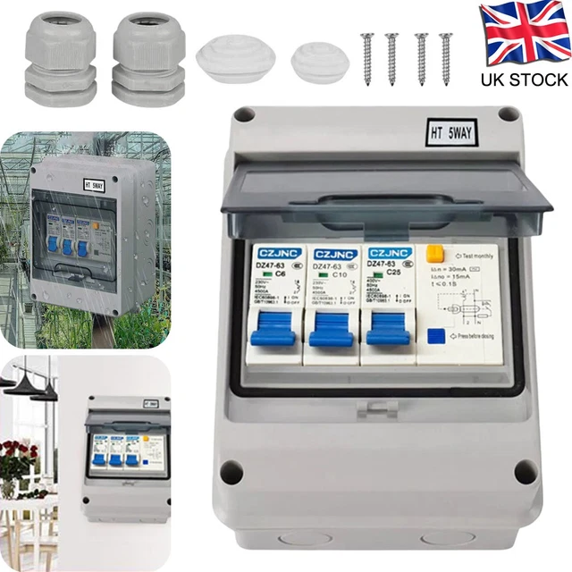 5 WAY GARAGE Caravan Campervan Consumer Unit Enclosure 25A 30mA RCD MCB ...