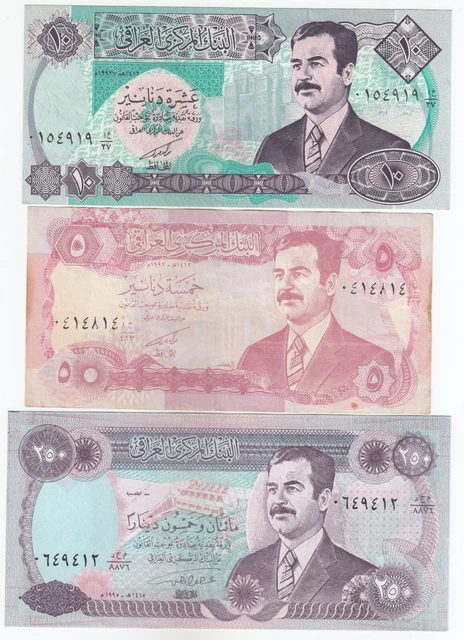 IRAQ, SET OF 3 Different, 250, 5, 10 Dinars Banknotes, Saddam Hussain ...