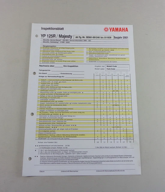 INSPEKTIONSBLATT YAMAHA YP 125 R / majesty Type Se 061 Année 2001 EUR 5 ...