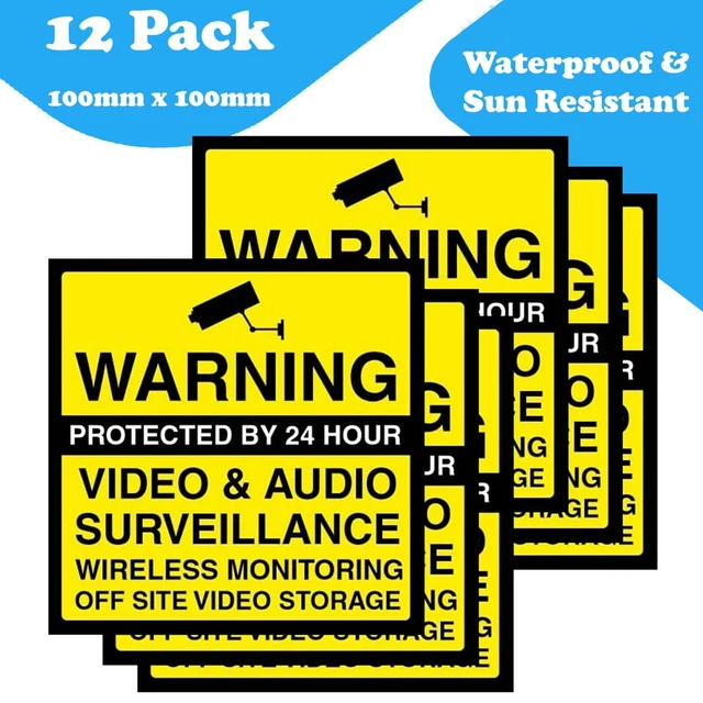 12 PACK CCTV Warning Stickers -100mm x 100mm - "Protected by 24hr Video ...