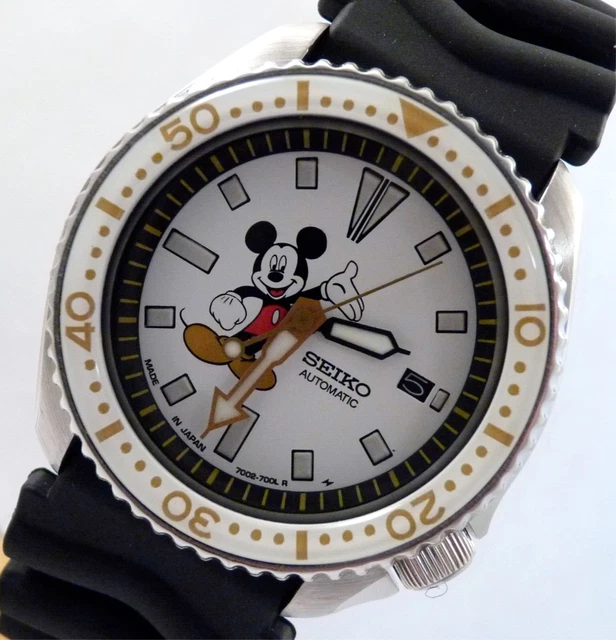 SEIKO CERAMIC WHITE Mickey Mouse Automatic Divers Sub Date Watch Custom ...