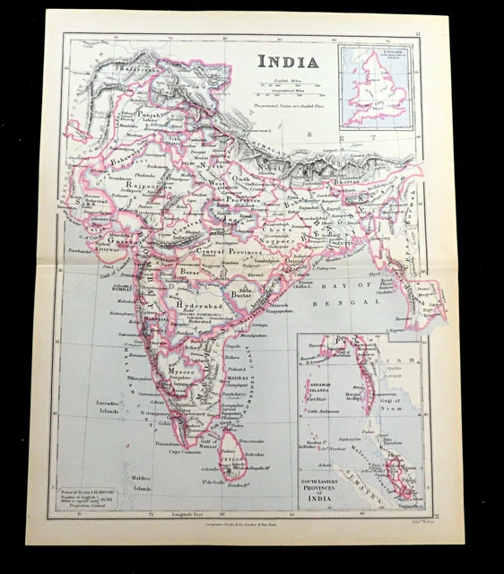 INDIA MAP CEYLON Bombay Madras Mysore British Raj Antique Edward Weller ...