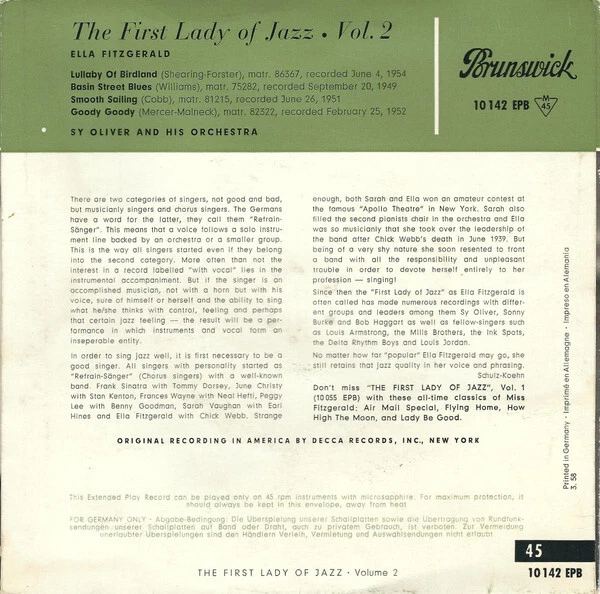ELLA FITZGERALD - The First Lady Of Jazz Vol 7" EP Mono Vinyl Sch EUR ...