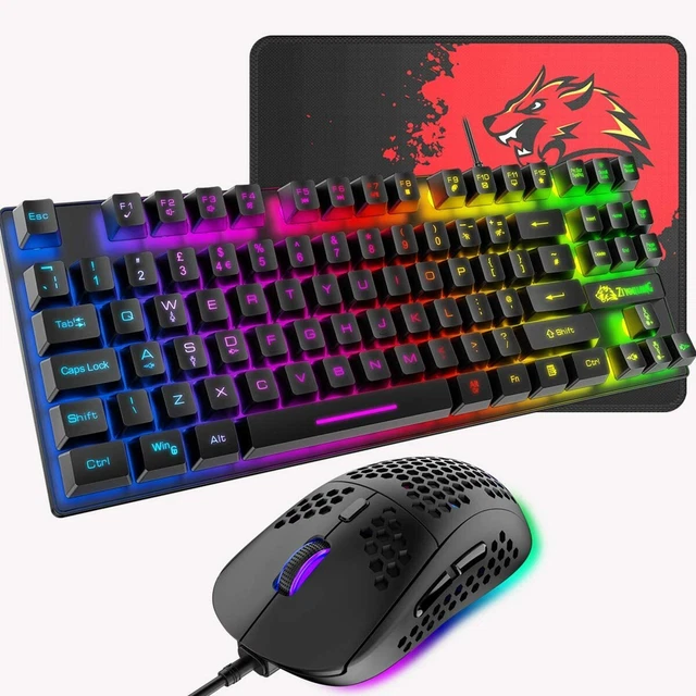 UK LAYOUT WIRED Mechanical Gaming Keyboard Mouse Combo 88 Keys Rainbow ...