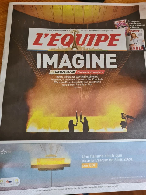 LE JOURNAL L'EQUIPE cérémonie ouverture JO 2024 2 exemplaires ...