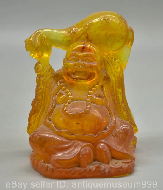 5.6” OLD CHINESE Amber Carved Gunny-bag Maitreya Buddha Buddha Statue ...