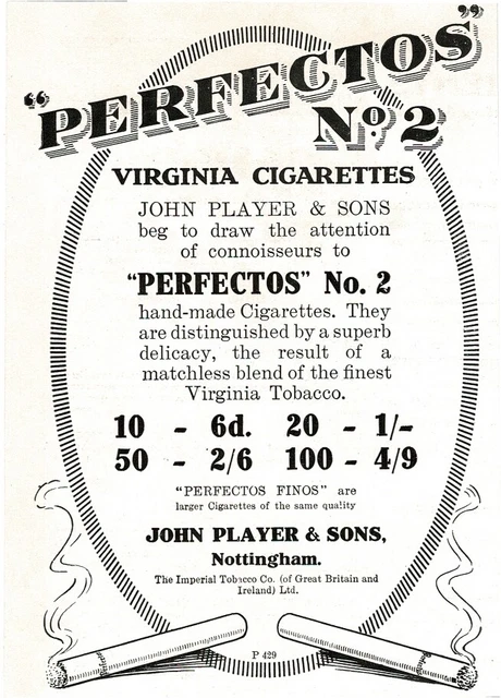 1914 PERFECTOS NO. 2 Virginia Cigarettes John Player & Sons England ...